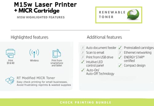 RT M15w Laser Pro Monochrome Check Printer Bundle with 1 Modified 48A CF248A MICR Toner Cartridge for Printing Business and Personal Checks (2 Items)