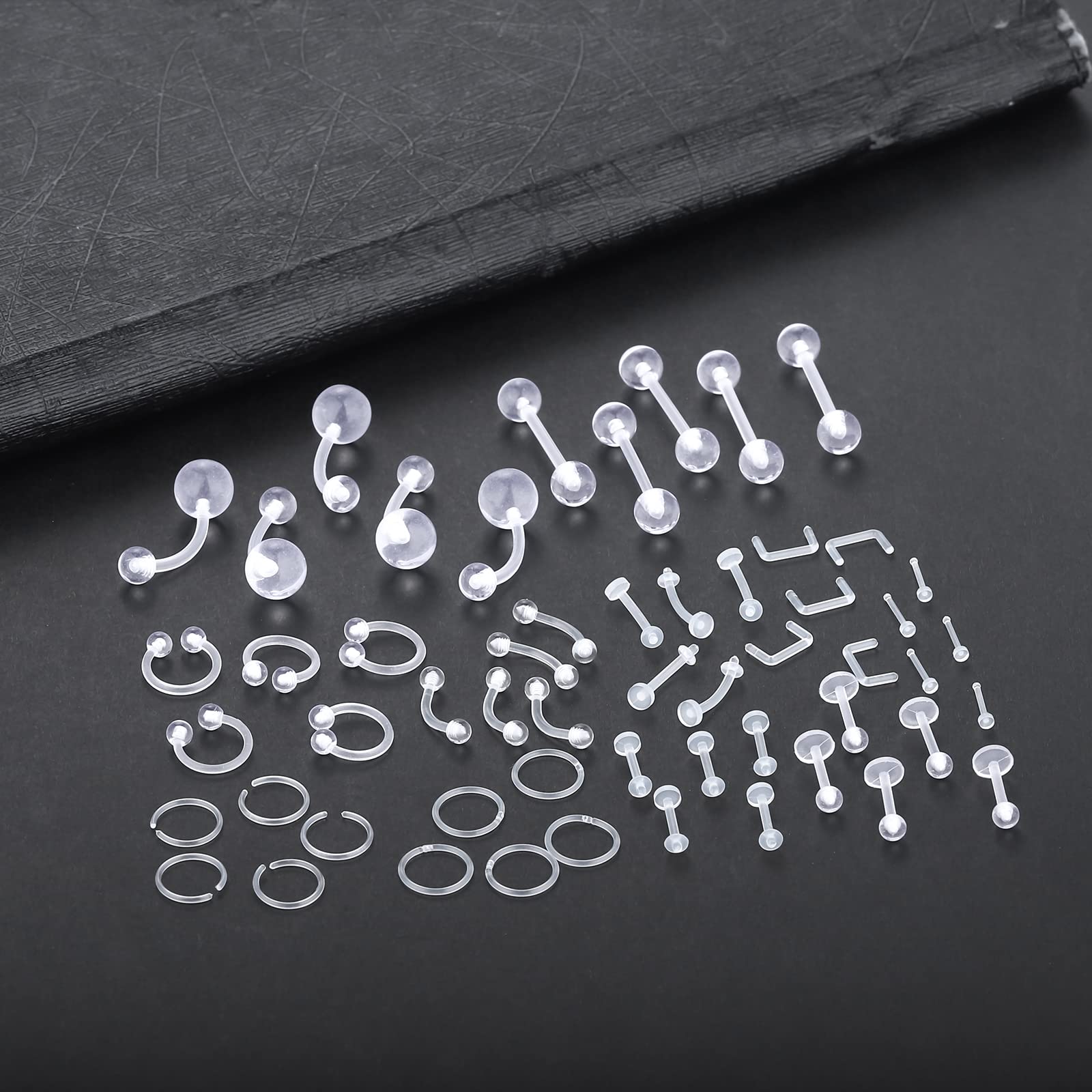 Aumeo 55PCS Clear Piercing Retainer Bioflex Nose Septum Lip Ring Studs Tongue Belly Button Rings Cartilage Tragus Earrings Horseshoe Plastic Plastic Piercing Retainer for Work Surgery