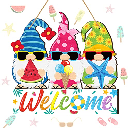 Summer Welcome Door Sign Wooden Hawaii Gnome Hanging Sign Truck Summer Gnome Door Hanger with Rope Colorful Hawaiian Hanging Decoration for Front Door Porch Home Summer Decor
