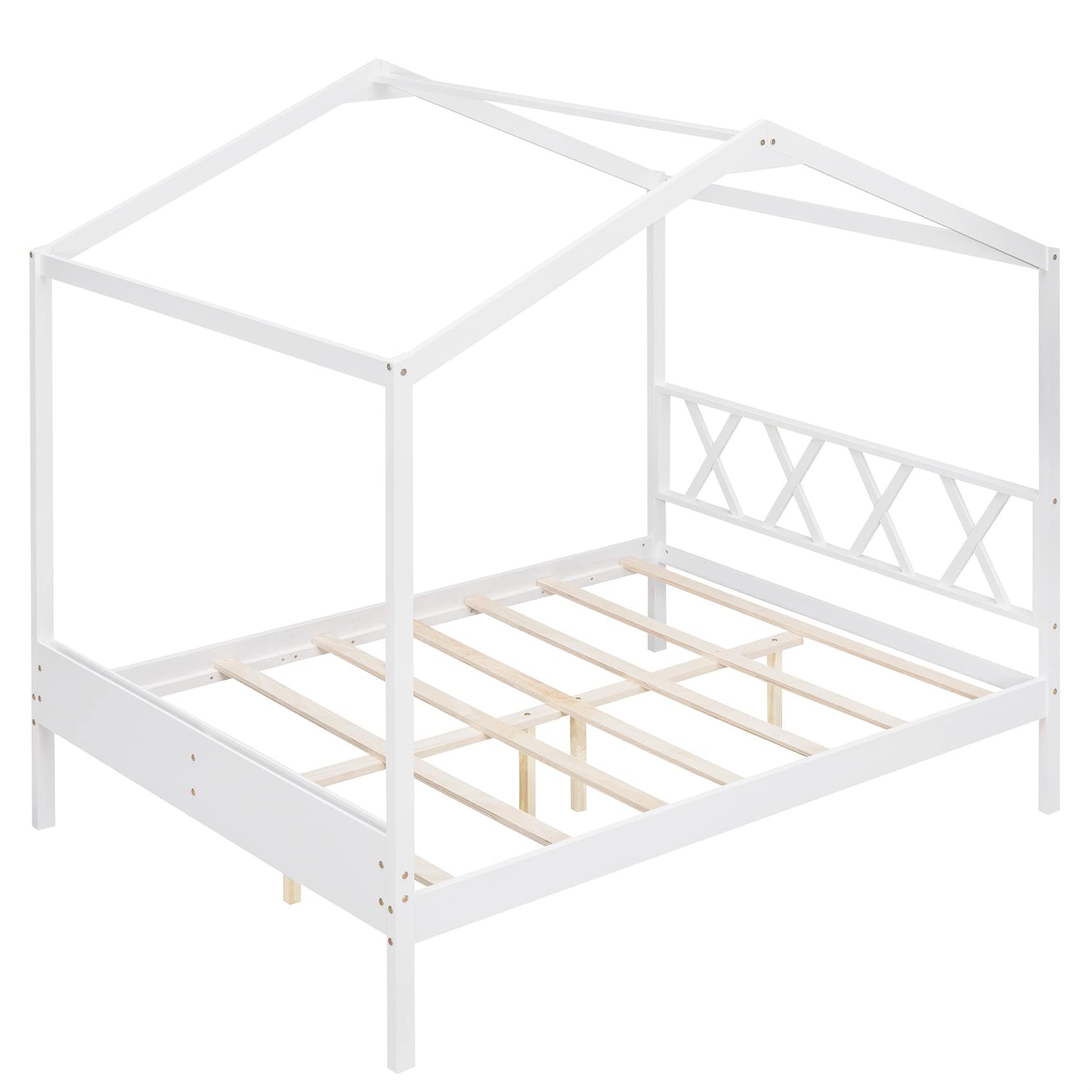 Full House Bed for Kids Montessori Bed with Headboard and Storage Footboard Wood Platform Bed Frame White House Beds for Girls Boys Teens Adults, Full Size, White