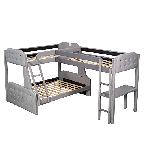 Demofit Bunk Bed and Twin Size Loft Bed and Desk, L-Shaped Twin Over Full Size Bed Frame with Ladder nd Full-Length Guardrail for Bedroom,No Boxspring Required (Grey)