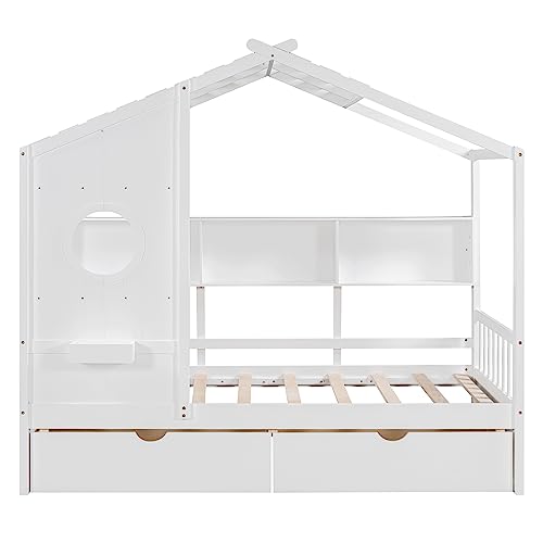 Demofit House Bed with 2 Drawers, Wooden Bed Frame with Storage Shelf and Roof for Bedroom,No Boxspring Required (Twin, White)