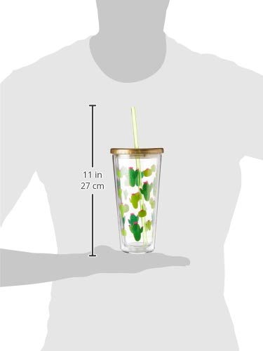 X&O Paper Goods Gold and Green Cactus Acrylic Double Wall Tumbler Cup with Lid and Straw, 20 oz., 4" W x 7.75" H