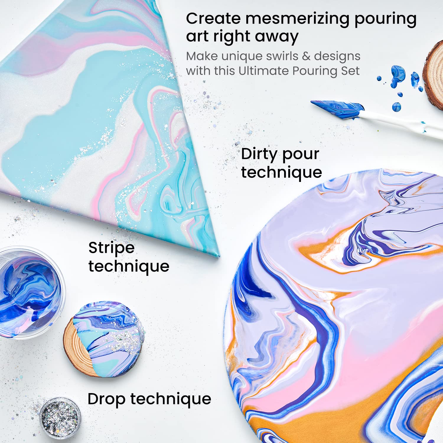 Arteza Acrylic Pouring Paint Kit, 14 Glossy Colors β 8 Pastel & Bright, 3 Iridescent, 3 Metallic, 2 x Stretched Canvas, 2 Wooden Slices, Glitter, and Paint Pouring Accessories, Multicolor,28 Piece Set