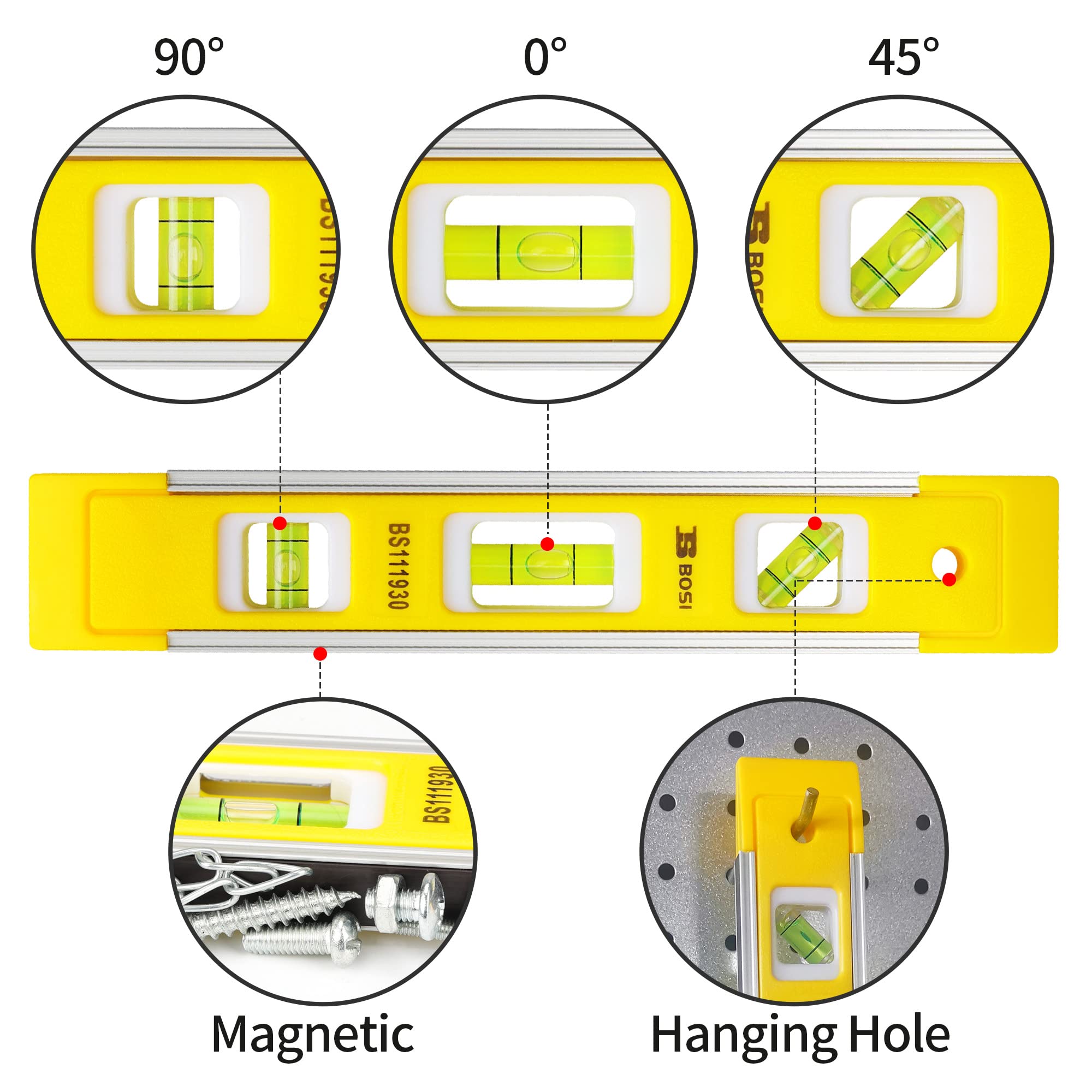 B BOSI TOOLS 9 Inch Magnetic Torpedo Level, Magnetic Box Level 45°/90°/180° Bubbles, Small Level Tool for Measuring
