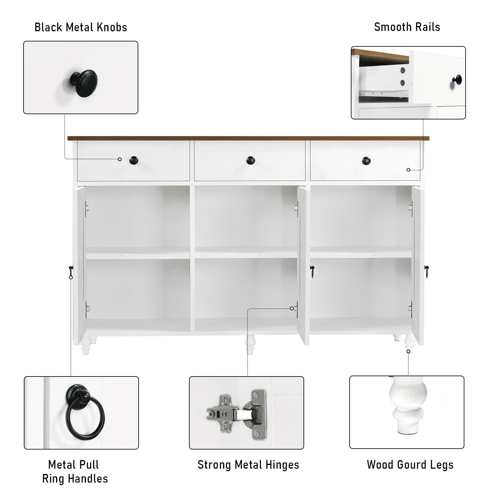 Buffet Cabinet with Storage, 47" Sideboard Buffet Cabinet with 3 Drawers and 3 Doors, Modern Farmhouse Kitchen buffet storage cabinet, Wood Buffet Table for Kitchen, Dining Room, Living Room, White