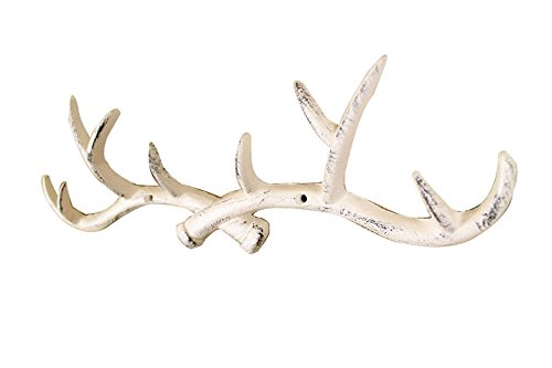 Whitewashed Cast Iron Antler Wall Hooks 15" - Decorative Wall Hook - Deer Decor