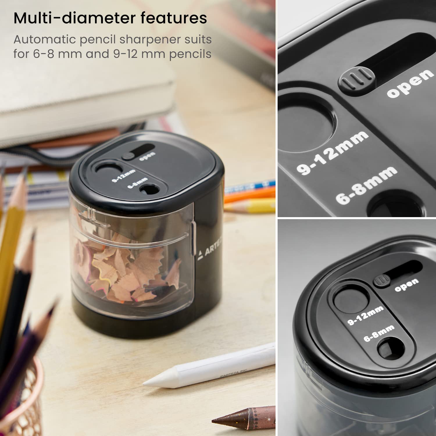 Arteza Electric Pencil Sharpener, Black, Dual-Hole, Fits 6β12-mm Pencils, Auto-Stop, Office Supplies for Teachers, Students, Classrooms, and Art Studios