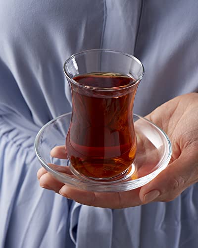 Pasabahce Premium Turkish Tea Glasses and Saucers, Set of 12, Perfect for Tea Party, Gifts, Housewarming, Weddings, Aniversary
