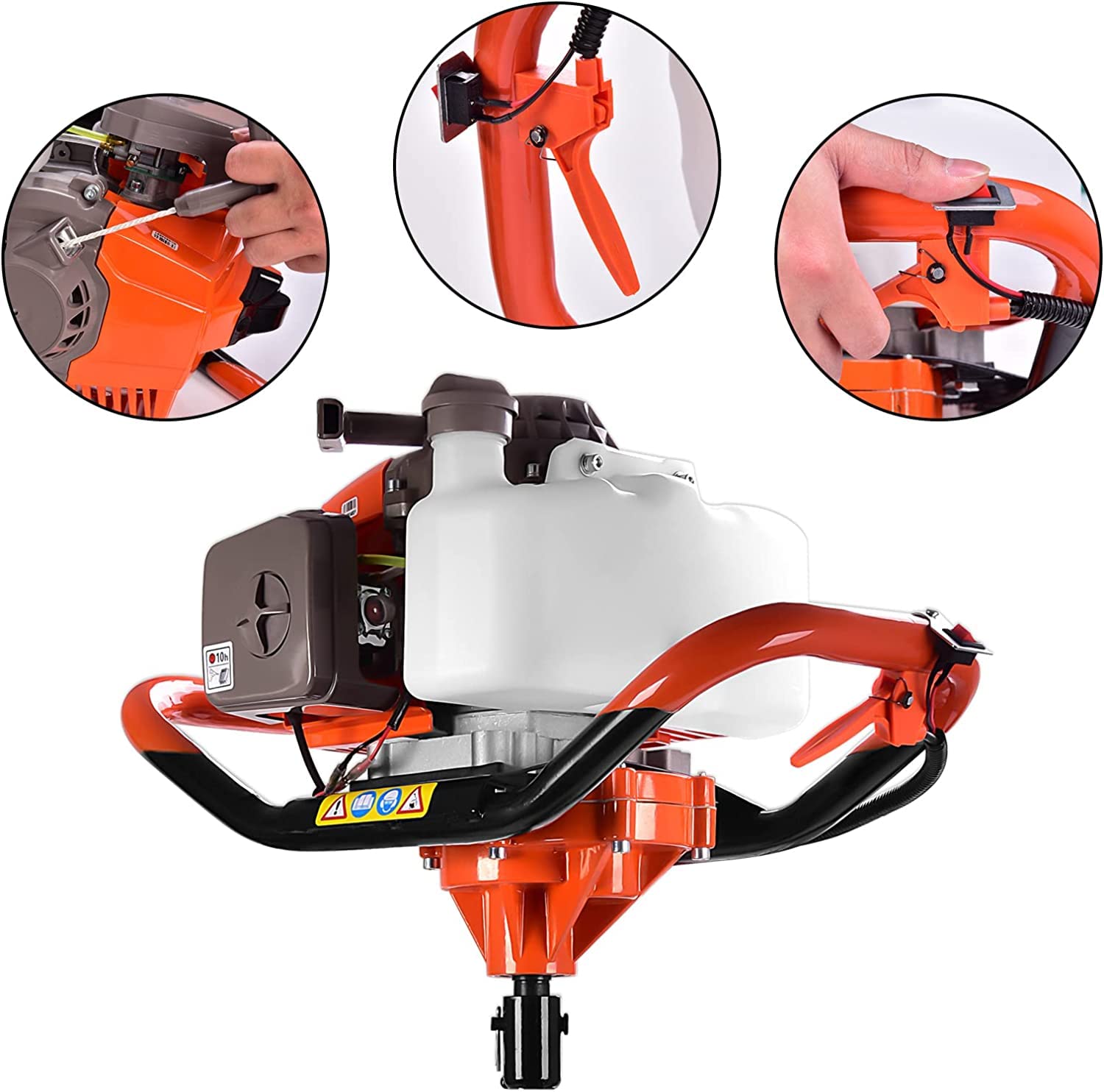 Auger Post Hole Digger Gas Powered 72CC 4HP 2 Stroke Earth Ground Auger with 3 Garden Auger Spiral Drill Bits 4" & 8" & 12", 3 Extension Rods for Planting, Post Hole Digging, Drilling