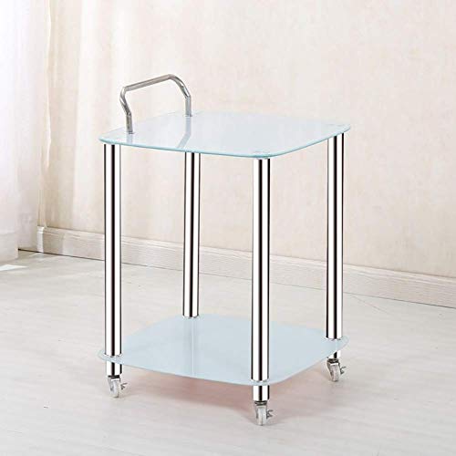 AUNEVN Movable Carts, Kitchen Storage Hand Trucks, Heavy Duty Beauty Instrument Base Tool Trolley with Rolling Wheels, Stainless Steel Handle, Tempered Glass Top/White/2 Tiers