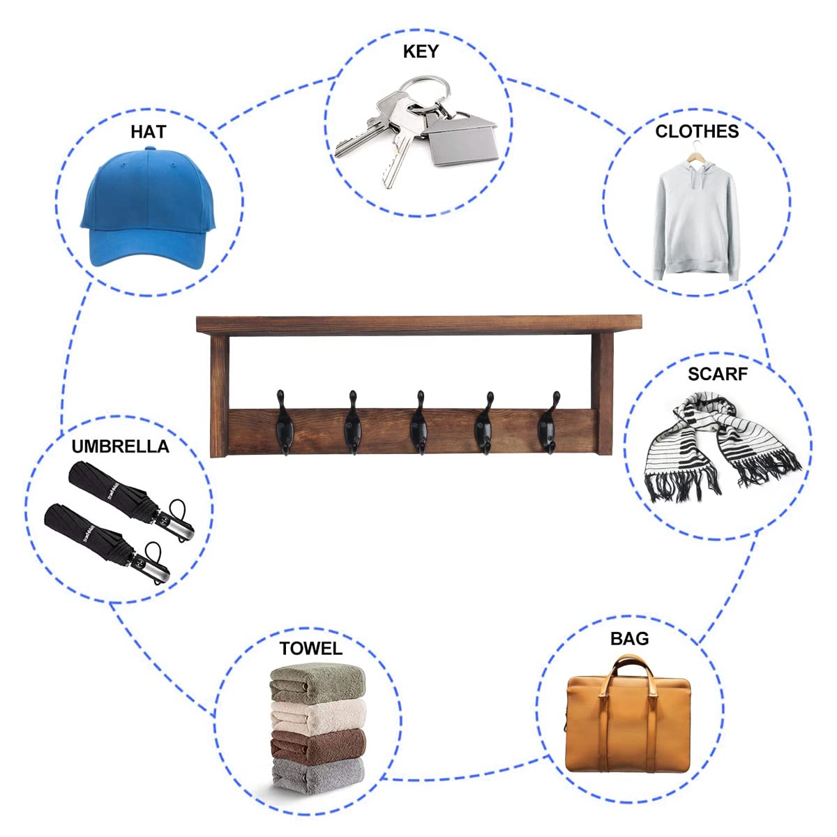 BEIUTAO 2 Pack Coat Rack Wall Mount with Shelf, Wood Wall Coat Rack with Hooks, Coat Hanger Wall Mount, Entryway Shelf for Clothes, Hats, Towel, Purse, for Living Room, Bedroom, Bathroom, Rustic Brown