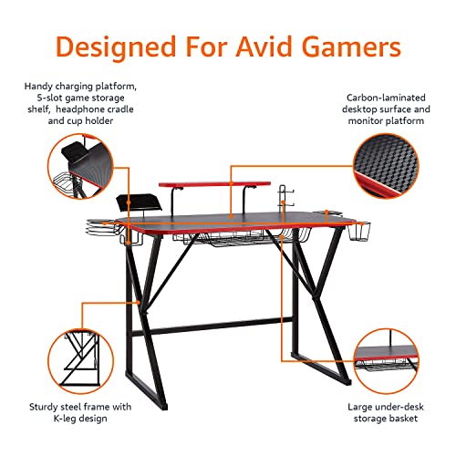 Amazon Basics Rectangular Gaming Computer Desk With Storage For Controller, Headphone & Speaker, Red & Black, 23.4" D x 51" W x 35.9" H