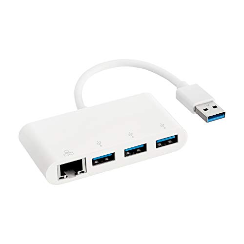 Amazon Basics 3-Port USB 3.0 Adapter with RJ45 Gigabit Ethernet Port, White, 3 USB A + 1 RJ45