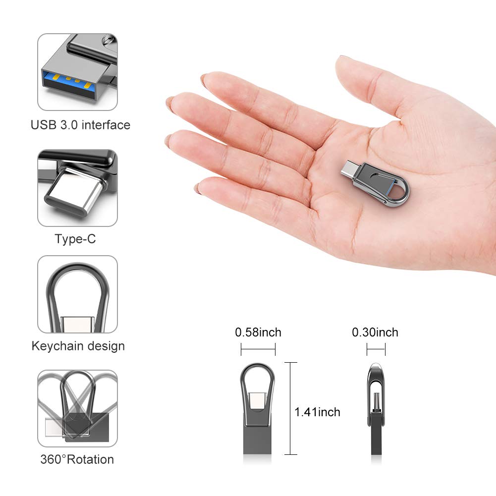 64GB USB C Flash Drive, 2-in-1 OTG USB 3.0 Thumb Drive, Dual USB Memory Stick Pen Drive for Type-C Android Smartphones Tablets and New MacBook Laptop PC PDA Samsung, Black