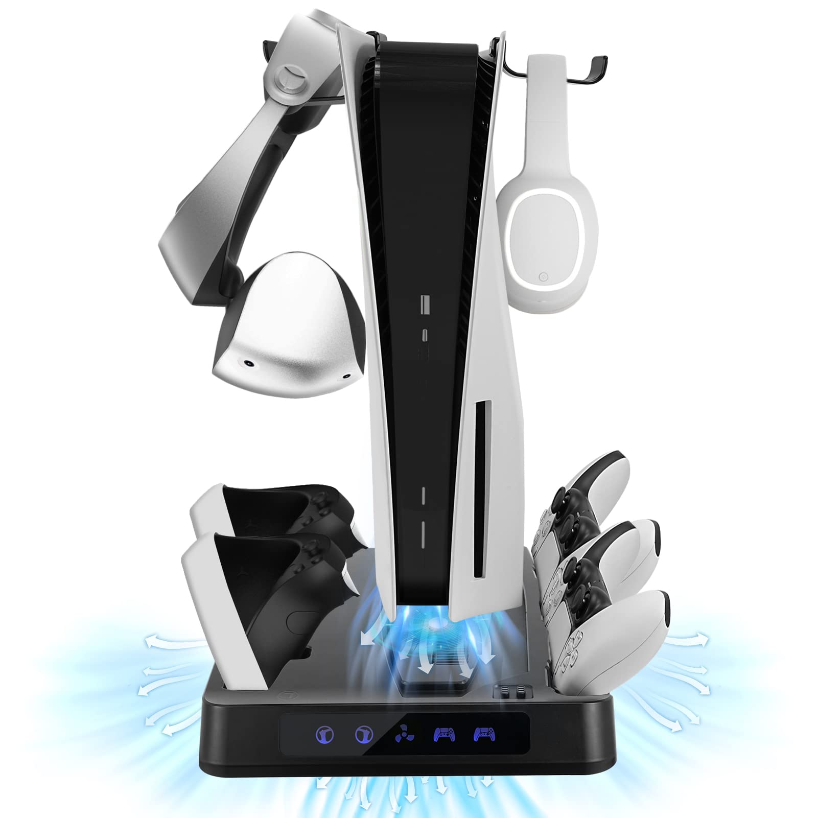 Augot Latest Charging Stand for PS5 and PSVR2 Multi-Functional Vertical Stand with Cooling Fan and Dual Controller Charging Station, Charge, Cool, Showcase and Display Your PS5 PSVR2, Born for Games