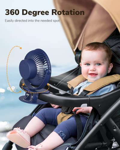 CAFELE Stroller Clip on Fan, 【Ultra Quiet】 Rechargeable Battery Operated Personal Fan Strong Airflow, 4 Speeds Max 24Hrs 6-inch Small Portable Fan for Bed Desk Car Seat White Blue