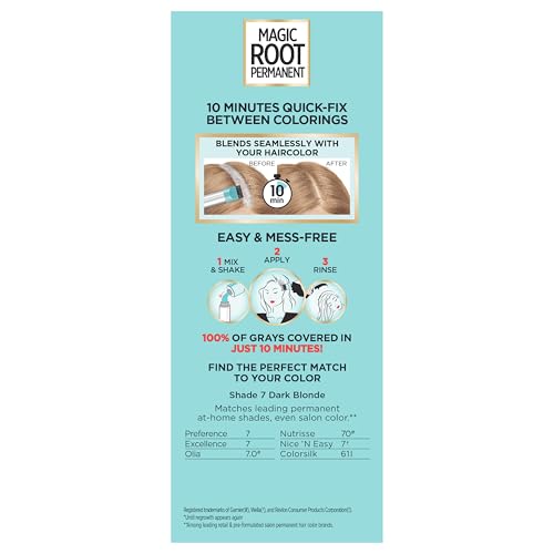 L'Oreal Paris Magic Root Rescue 10 Minute Root Hair Coloring Kit, Permanent Hair Color with Quick Precision Applicator, 100 percent Gray Coverage, 7 Dark Blonde, 1 kit (Packaging May Vary)
