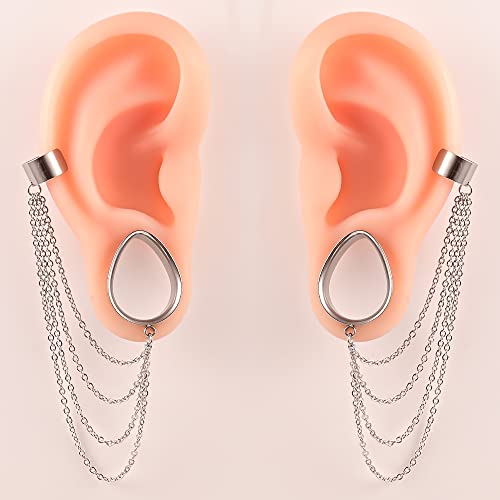 Atomhole 2PCS Teardrop Ear Tunnels Plugs with Chains Hypoallergenic Ear Gauges 316 Stainless Steel Ear Stretcher Expander Piercing Body Jewelry