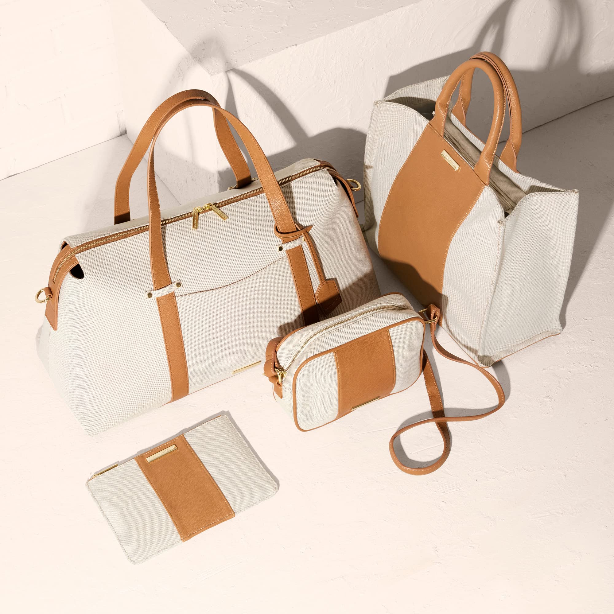 KATIE LOXTON Amalfi Womens Medium Canvas and Vegan Leather Adjustable Strap Crossbody Handbag Purse Cream and Brown