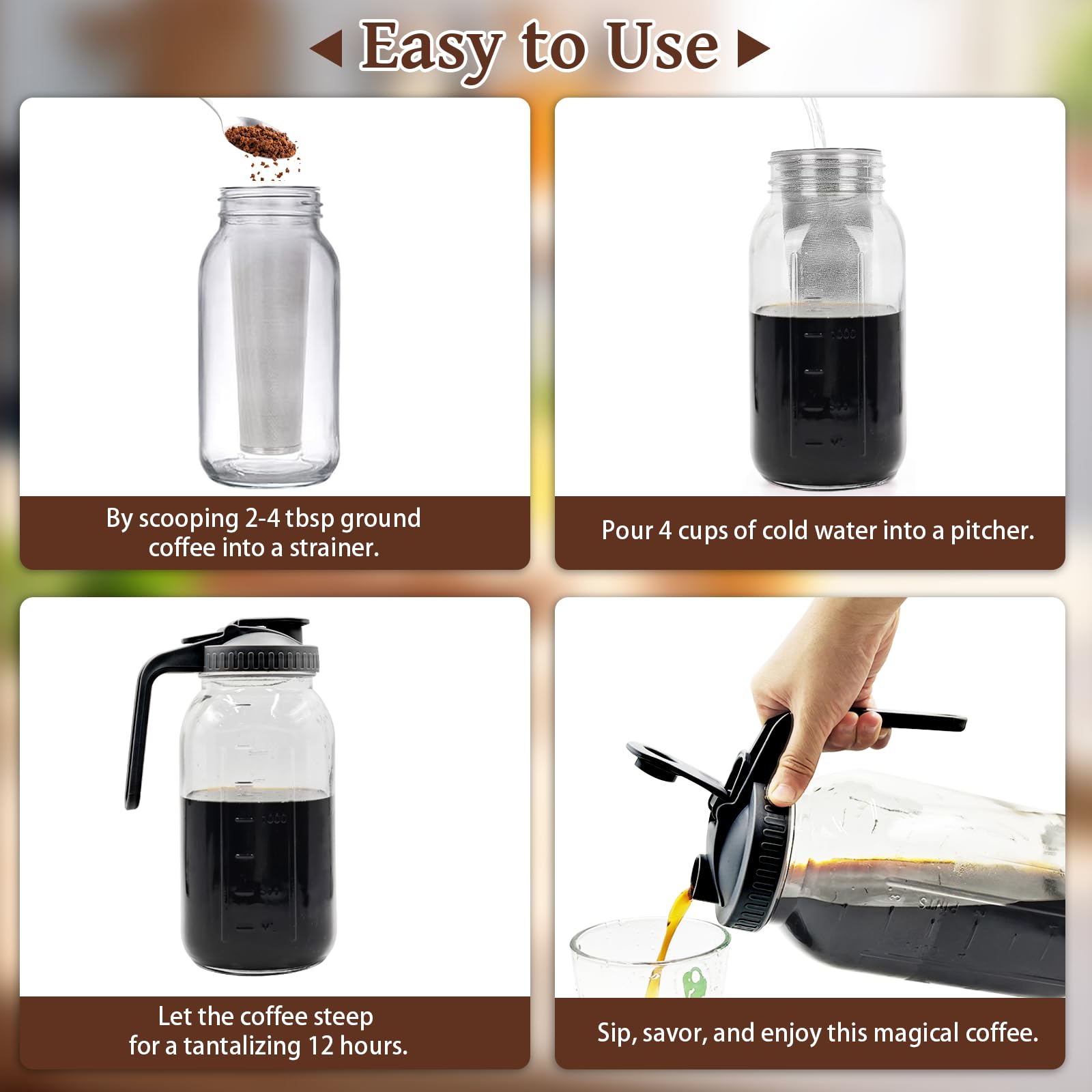 batoybeni Cold Brew Coffee Maker 64 oz (2 Quart / 1.9 Liter) Mason Jar - Wide Mouth Pitcher with Handle & Stainless Steel Filter for Coffee, Iced Tea, Sun Tea, Lemonade, and Homemade Fruit Drinks