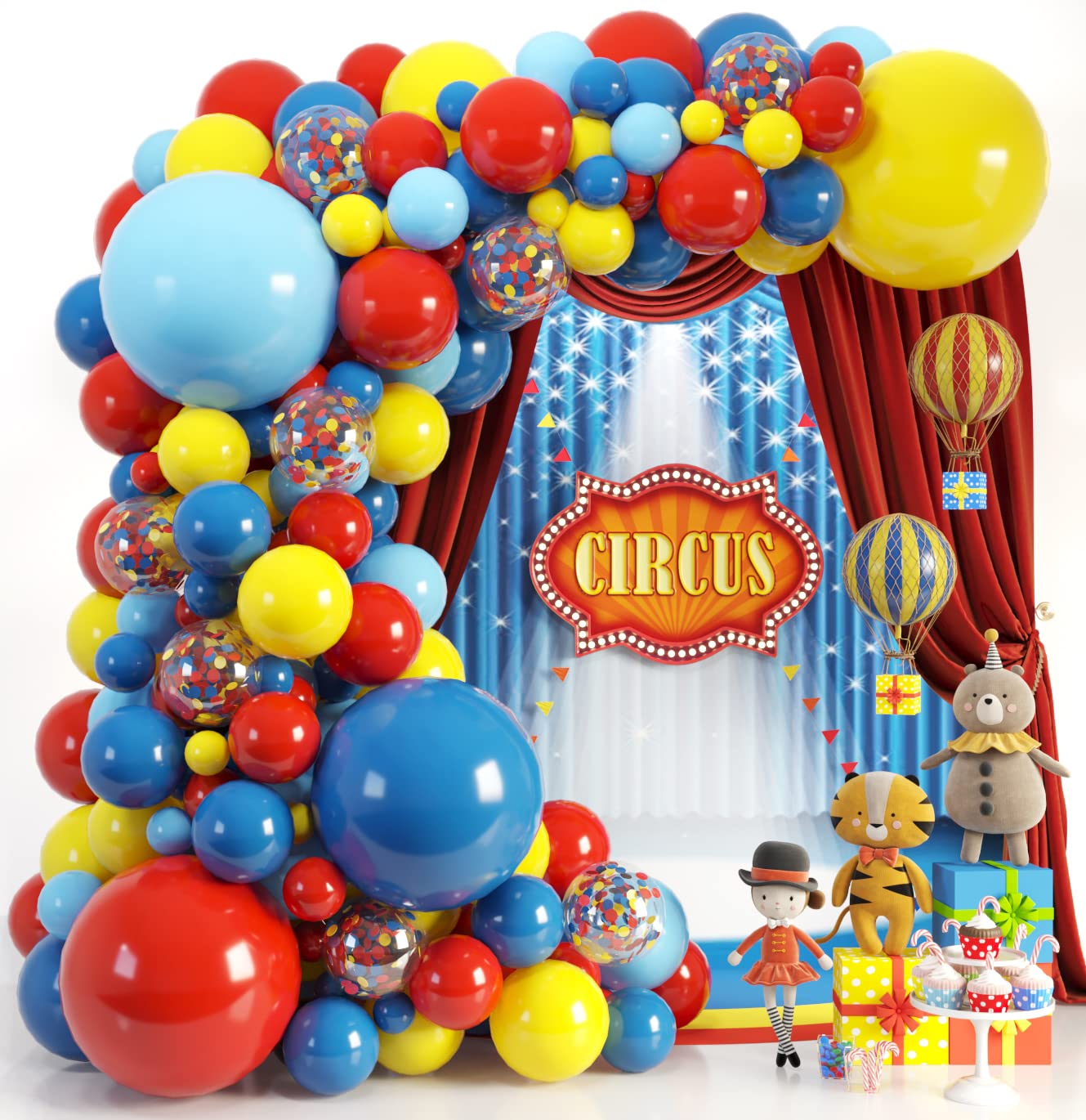 ALL-IN-1 Circus Balloons Arch Kit & Garland for Carnival Party Decorations Theme – Primary Color Balloons in Red Blue Yellow & Rainbow Confetti – Baby Shower Circus Birthday Party Supplies