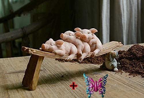 Amusing Three Lazy Pigs & Cat Statue Figurine Ornament Home Garden Lawn Decor
