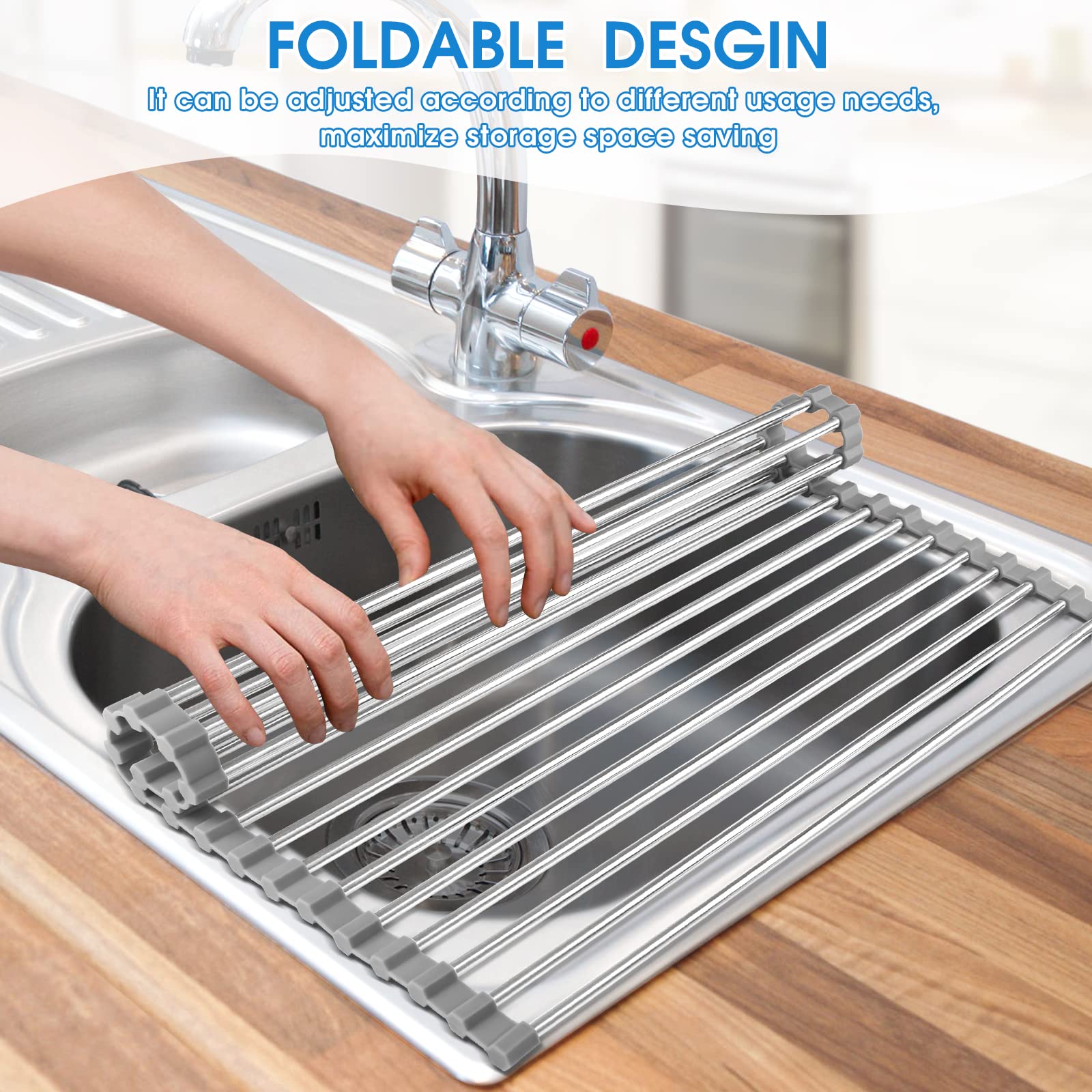 AOUAO Roll Up Dish Drying Rack,Multipurpose Stainless Steel Over The Sink Drainer Rack,Kitchen Portable Dish Rack (Round)