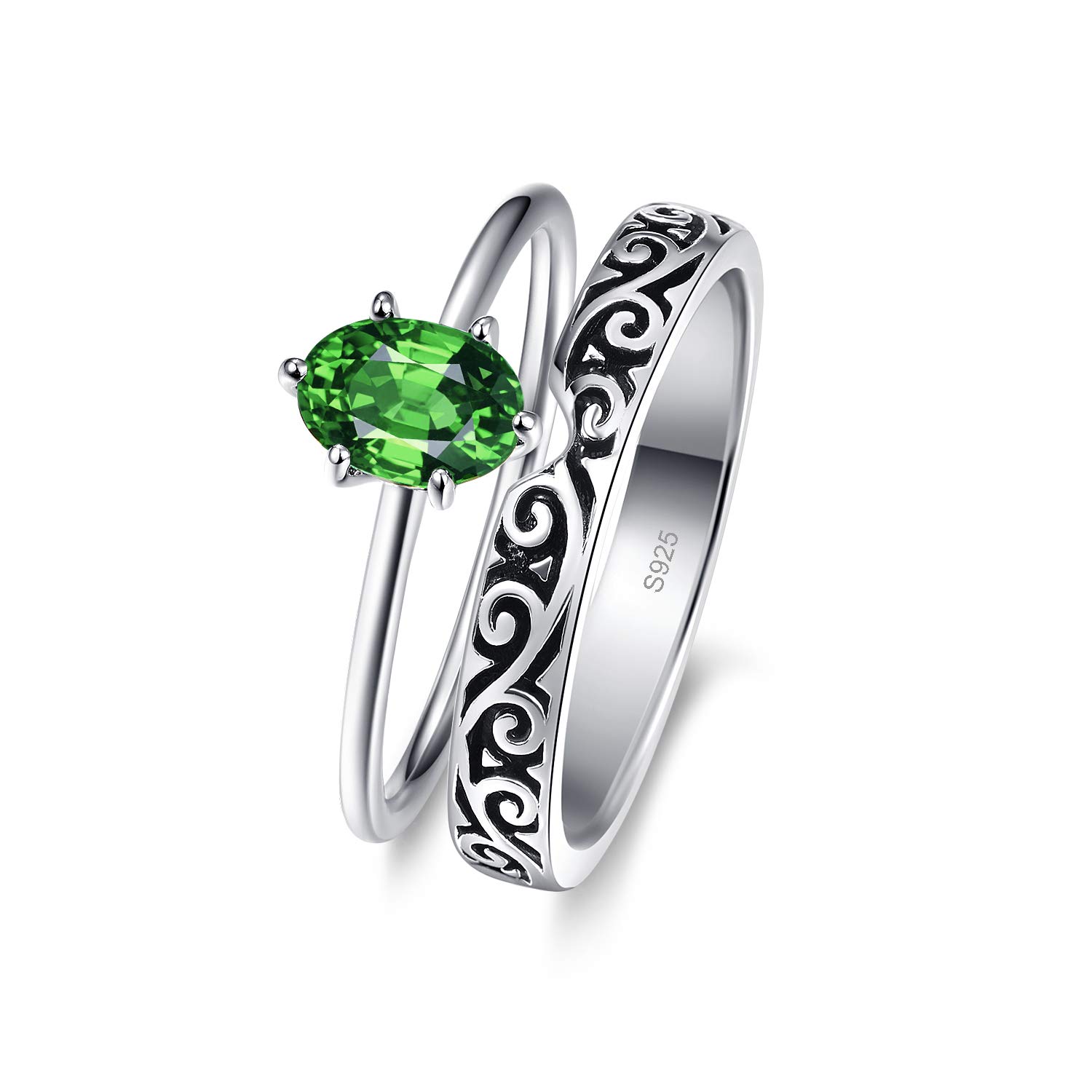 AVECON Womens Black Silver Wedding Ring Set Created Green Emerald Engagement Bridal Set Promise Ring Set Size 10
