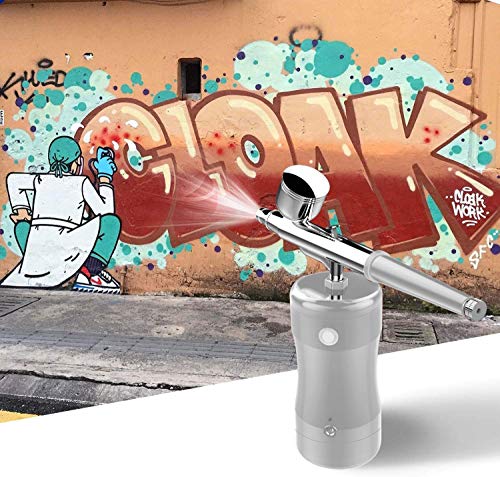 COSSCCI Handheld Airbrush Kit, Mini Air Compressor Spray Gun Set Single Action USB Rechargeable Airbrush for Makeup Art Nail Painting Tattoo Manicure Cakes (Silver)