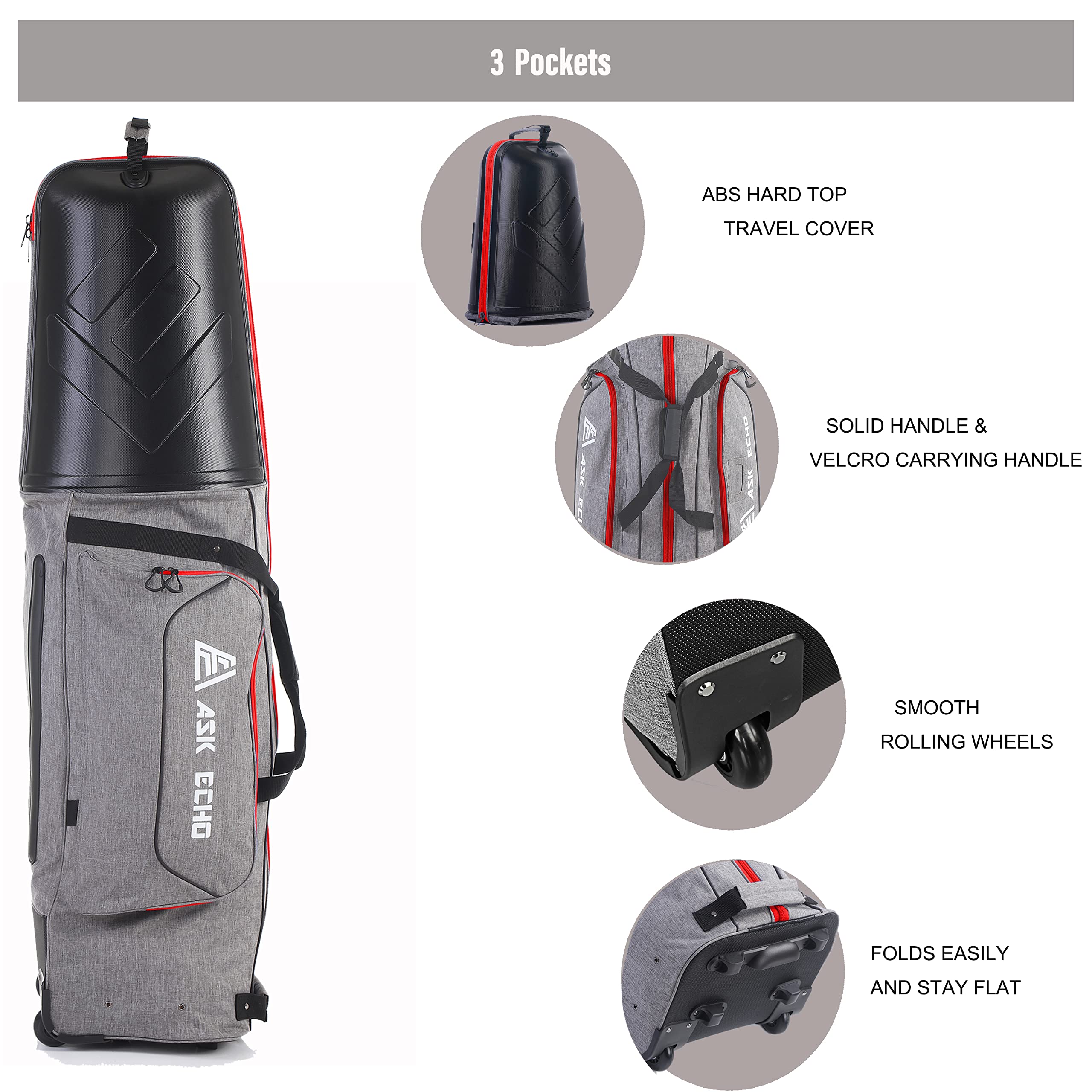 ASK ECHO Golf Travel Cover for Golf Bag with ABS Hard Top, Protect Travel Bag, with Wheels (Grey Red)