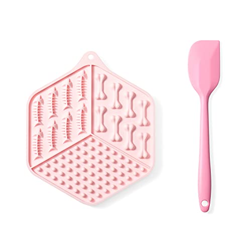 Caflower Lick Mat for Dogs,Cats Lick Mat with Strong Suction Cups,Food Grade Silicone Mat with Spatula,Dog Lick Mat Reduce Dog&Cats Anxiety and Boredom (Pink, Hexagonal)