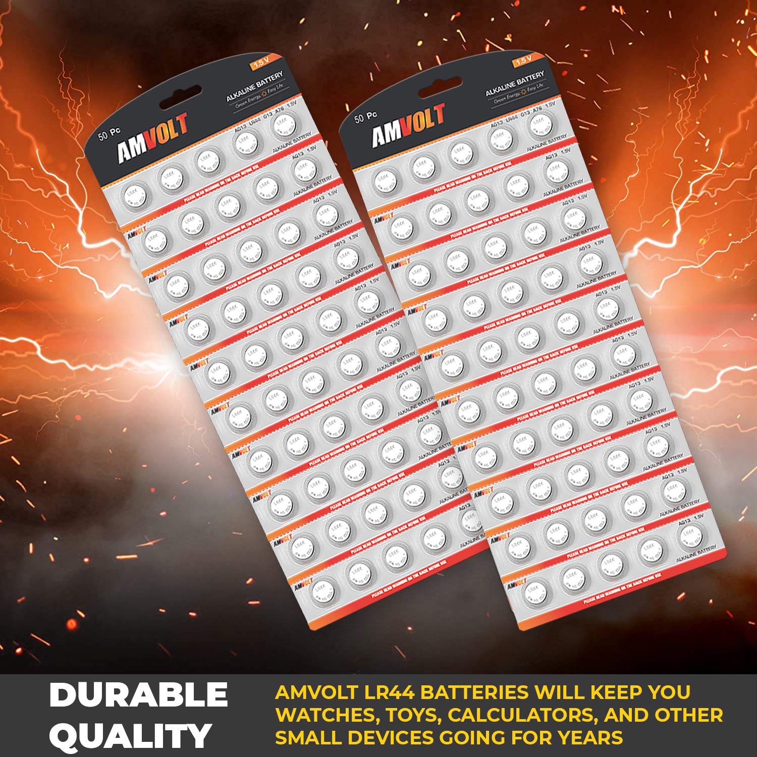 AmVolt 50 Pack LR44 AG13 SR44 357 303 LR44G Battery - [Ultra Power] Premium Alkaline 1.5 Volt Non Rechargeable Round Button Cell Batteries for Watches Clocks & Electronic Devices - 2029 Exp Date