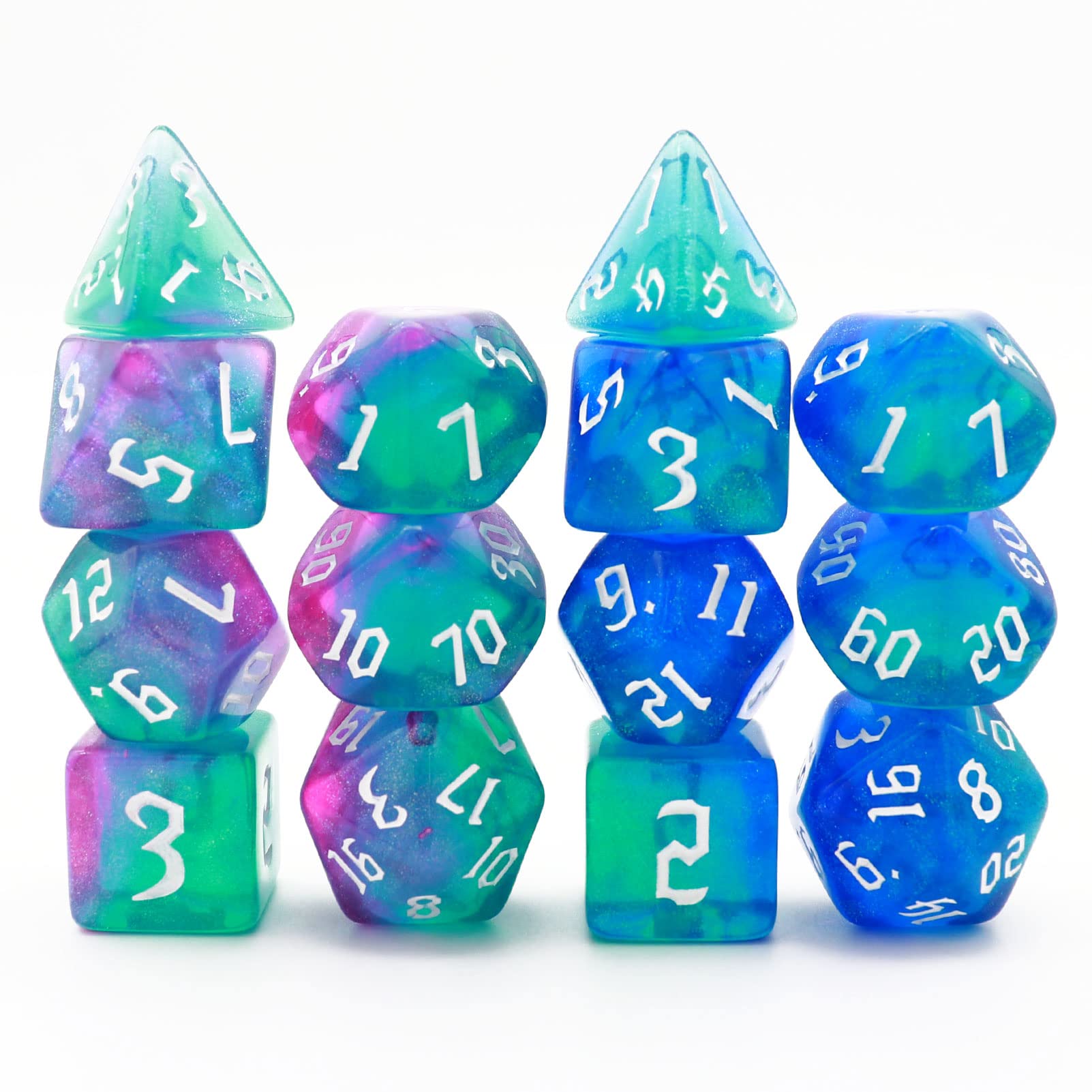Haxtec 14PCS Glitter DND Dice Set Purple Blue Polyhedral RPG Dice for Dungeons and Dragons Gift