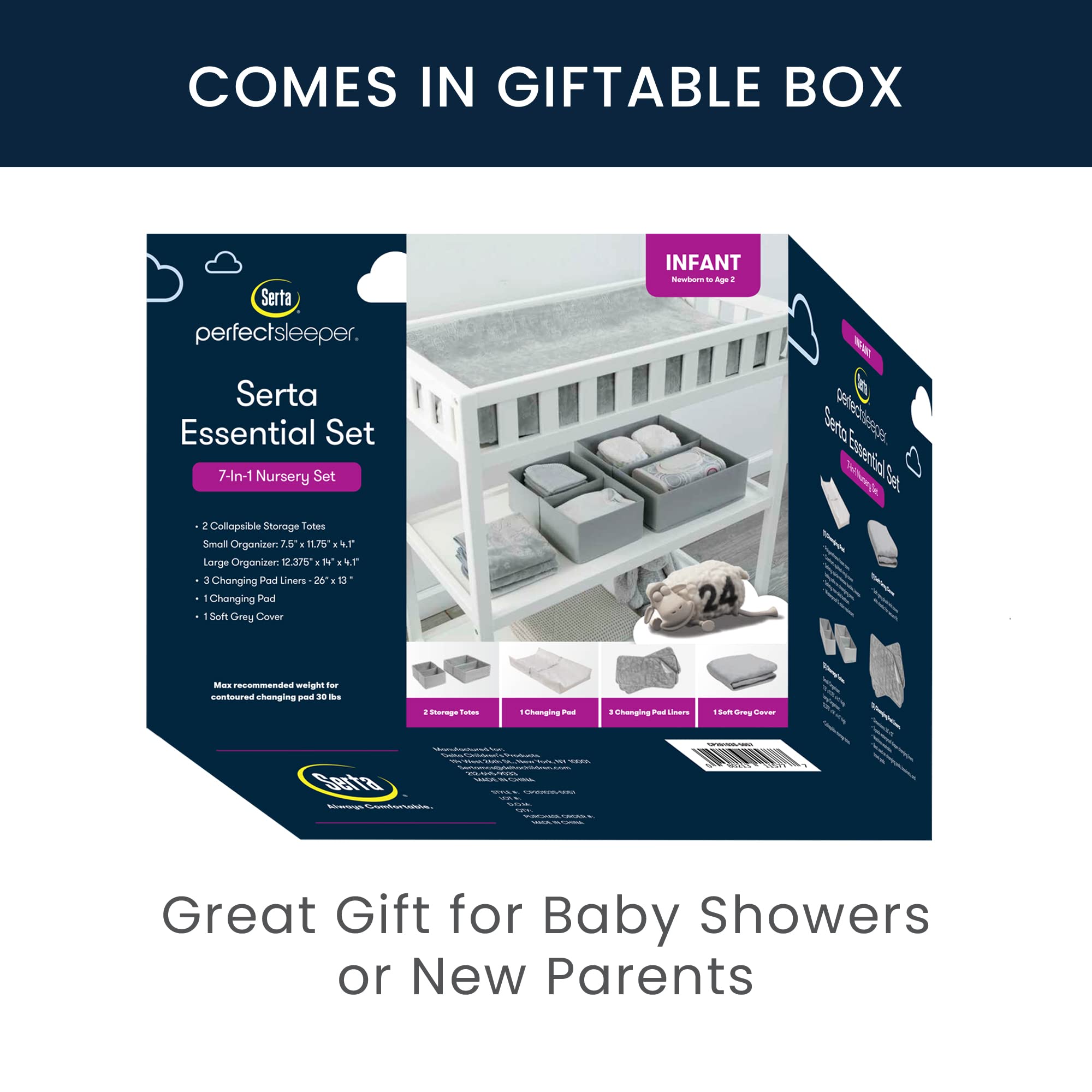 Delta Children Serta 7-Piece Essential Changing Table Set - Newborn Baby Gift Set for Boys and Girls – Includes Changing Pad, Plush Changing Pad Cover, 3 Changing Pad Liners and 2 Storage Bins, Grey