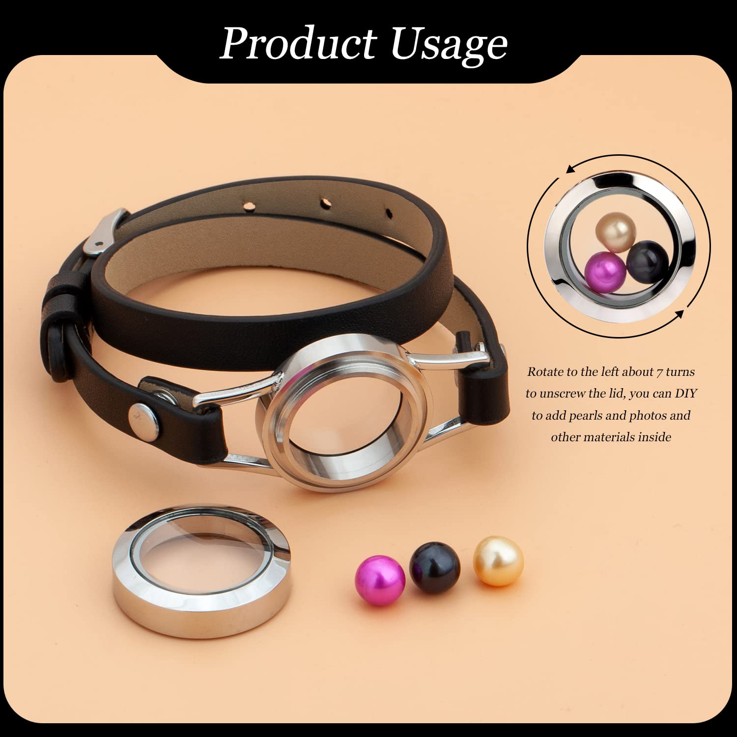 Africanbeads 316L Stainless Steel Memory Floating Locket Bracelet with 3 Pearls,fit 6-7mm Freshwater Pearls or Gems,Colorful Leather Charm Bangles for Women(Black)