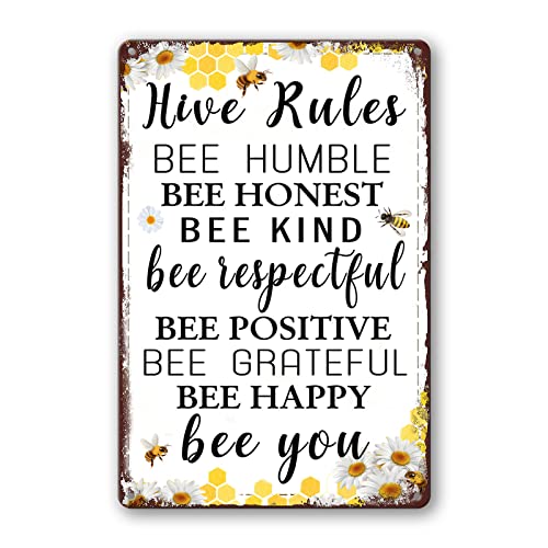 Bee Garden Decor Bee Hive Rules Sign For Home Honey Bee Decorations Hive Rules Signs Bumble Metal Tin Signs Bees Kitchen Wall Decor Outdoor Beehive Decoration Bee Hive Classroom Decor 8x12 Inch