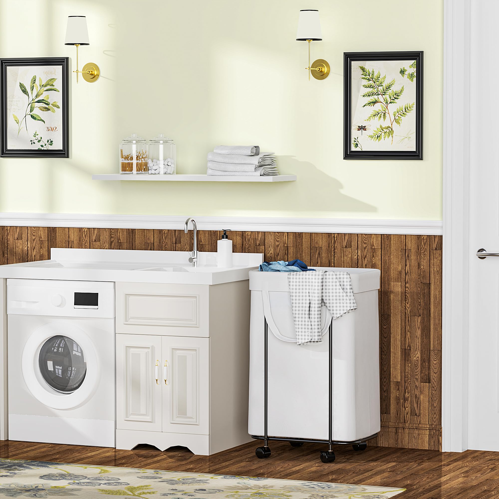 Wheels Laundry Hamper, Laundry Basket Organizer, 90 Litre Small Dirty Clothes Basket with Removable Lined Bag for Bathroom and Bedroom Storage (White)