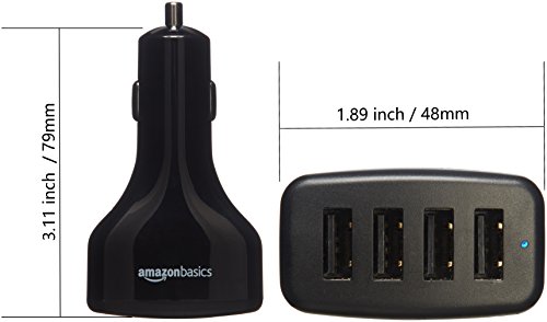 Amazon Basics 4-Port USB Car Charger for Apple & Android Devices, 9.6A/48W, Black