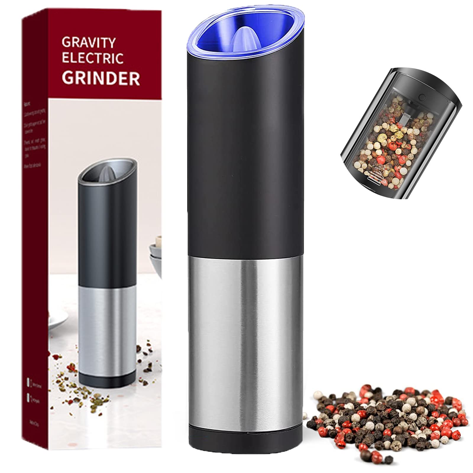 AUYI Automatic Salt and Pepper Grinder Gravity - Stainless Steel Pepper Grinder Operation with On/Off Button,4 AAA Batteries Powered (Not Include)