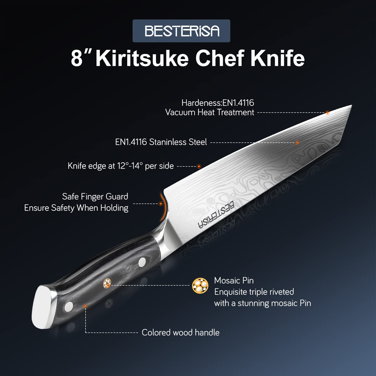 BESTERiSA Kiritsuke Chef Knife ,8 Inch Professional Chef Knife German Stainless Steel EN1.4116 Ultra Sharp Vegetable Meat Cleaver Knife with Knife Guard