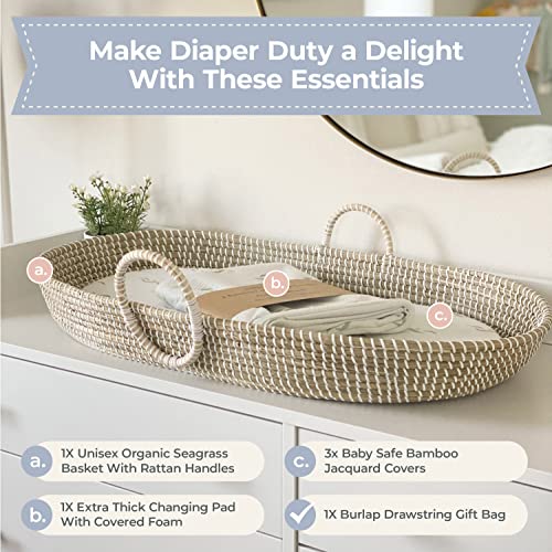 KIDDO VIBES Handwoven Baby Changing Basket with Pad & 3 Waterproof Bamboo Jacquard Covers - Multifunctional CPSC Compliant Organic Seagrass Baby Moses Basket with a Soft Thick Waterproof Changing Pad