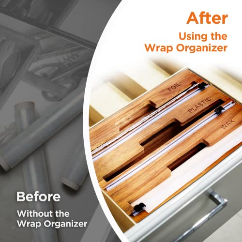 Foil and Plastic Wrap Organizer Acacia Wood 3 in 1 wrap Dispenser with Cutter Aluminum Foil Wax Paper Kitchen Drawer Organizer with Cutter