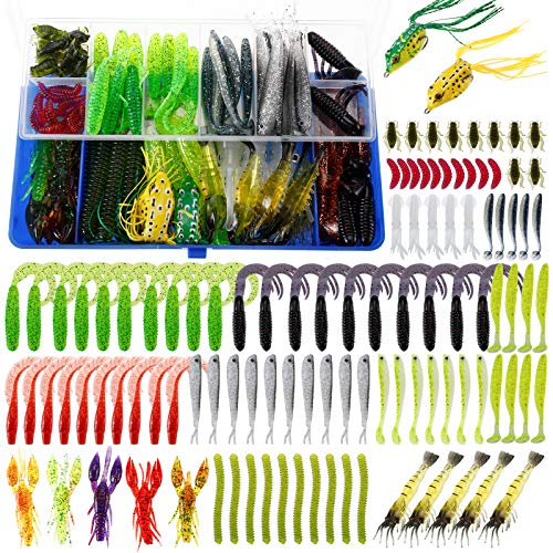 Amarine Made 102PCS Lifelike Soft Plastic Fishing Lures Fishing Bait Set with Tackle Box for Bass Trout Slow Sinking Bionic Swimming Lures Including Paddle Tail Swimbaits Curved Tail Grubs