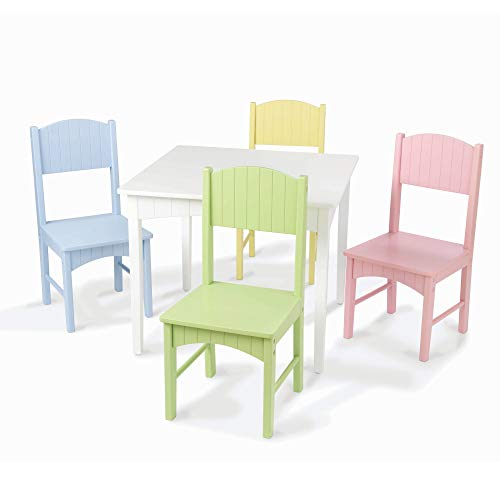 KidKraft Wooden Wall Storage Unit with 8 Plastic Bins and 13 Compartments - White, Gift for Ages 3+ and Nantucket Kid's Wooden Table & 4 Chairs Set with Wainscoting Detail, Pastel, Gift for Ages 3-8