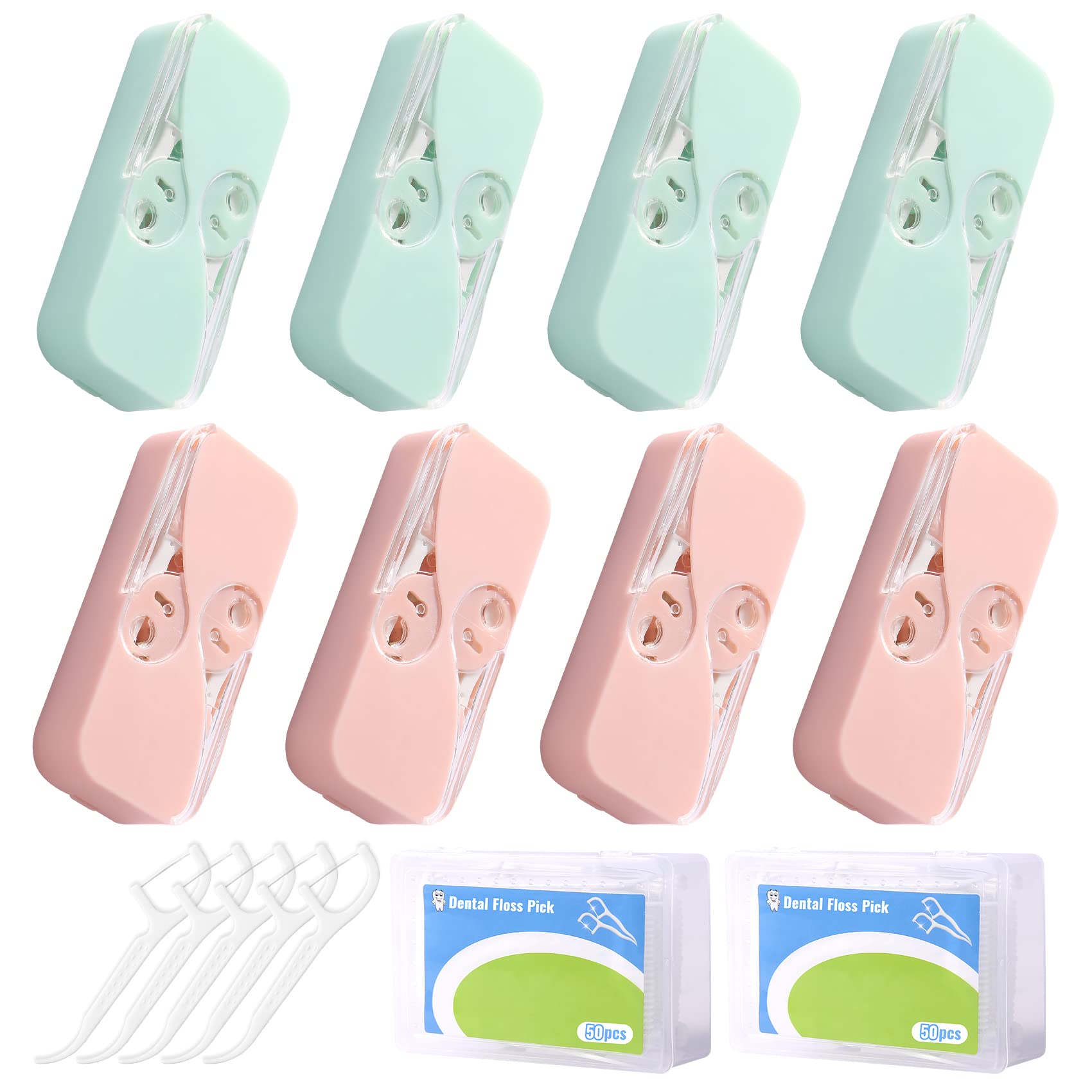 AURNEW Dental Floss,Dental Floss Dispenser Upgrade Automatic Dental Floss Case Refillable Floss Pick Holder Floss Organizer for Women Men Teeth Cleaning (8pcs, 4 Pink+4 Green+2 Box Floss)…