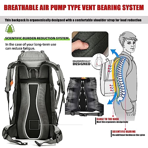 ALFREVER 70L Hiking Backpack, Waterproof Camping Essentials Bag, Lightweight Hiking Backpacking Back Outdoor Travel Pack (gray-black)