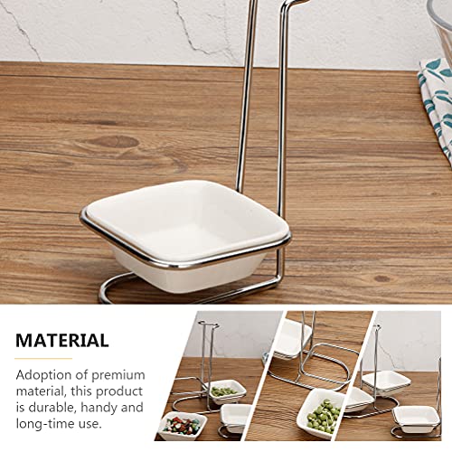 BESTonZON Ceramic Spoon Rest, Kitchen Ladle Holder Upright Ladle Holder Ceramic Dish with Silver Stainless Steel Rack Double Soup Ladle Coffee Spoon Rest