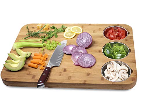 Versachop Trio, Extra Large 22 X 16 inch Cutting Boards for Kitchen, Butcher Block - Totally Natural Organic Moso Bamboo board with three Stainless Steel Bowls attached for easy chopping