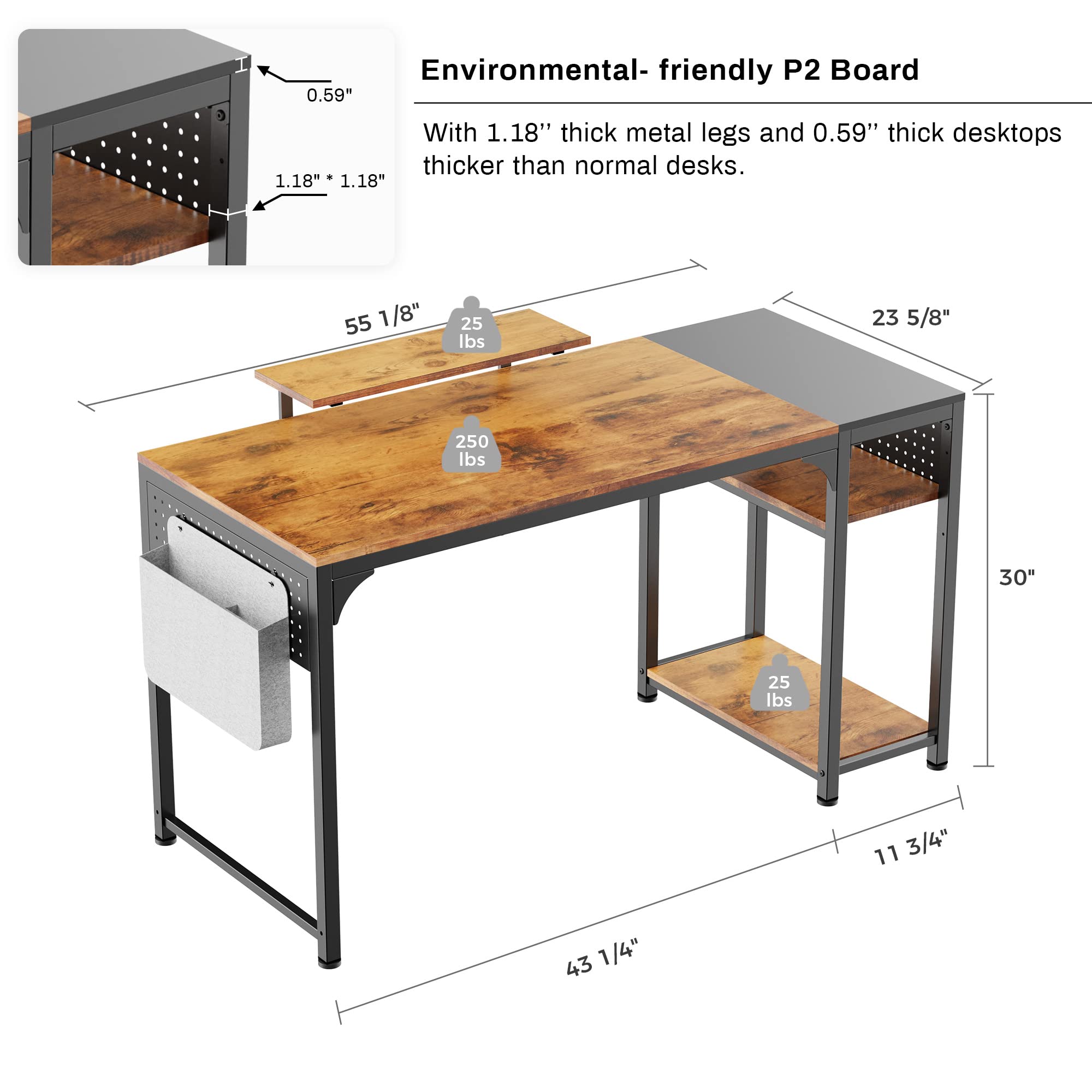 DESIGNA 55 Inch Home Office Computer Desk with Monitor Stand Storage Shelves, Study Writing Moder PC Computer Gaming Desk Large Workstation with 2 Hooks & Storage Bag,Easy Assembly,Rustic Brown/Black